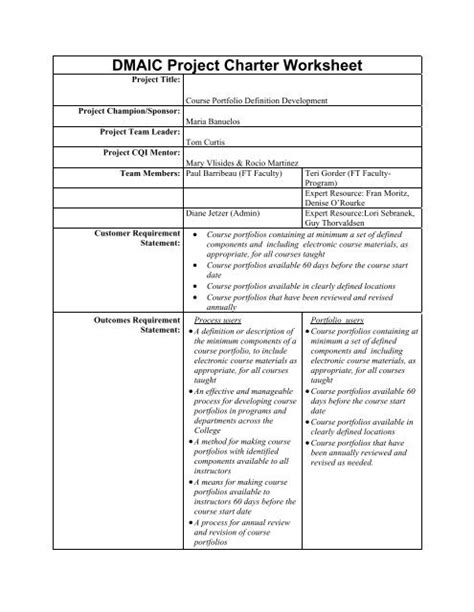 Dmaic Project Charter Worksheet