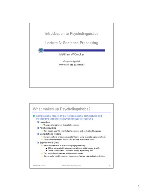 Introduction To Psycholinguistics Lecture 3 Sentence Processing Pdf Parsing Psycholinguistics