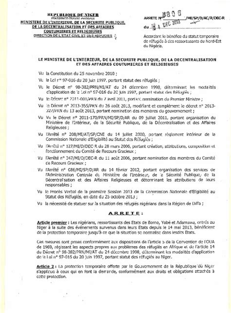 Document Arrêté Du Gouvernement Du Niger Accordant Le Bénéfice Du