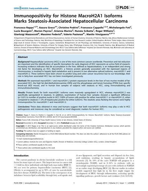 Pdf Immunopositivity For Histone Macroh2a1 Isoforms Marks Steatosis Associated Hepatocellular