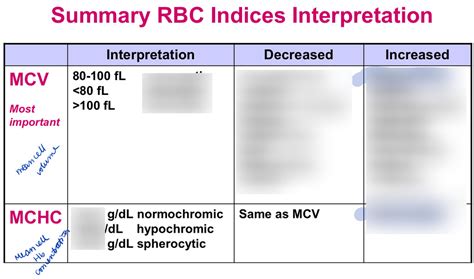 Summary Rbc Indices Interpretations Diagram Quizlet