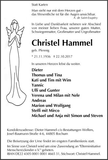 Traueranzeigen Von Christel Hammel Trauer In Nrwde