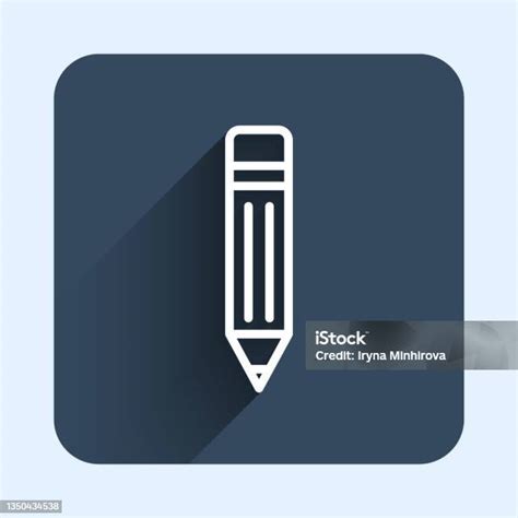 긴 그림자 배경으로 격리 된 지우개 아이콘이있는 흰색 선 연필 드로잉 및 교육 도구 학교 사무실 기호 파란색 정사각형 버튼 벡터