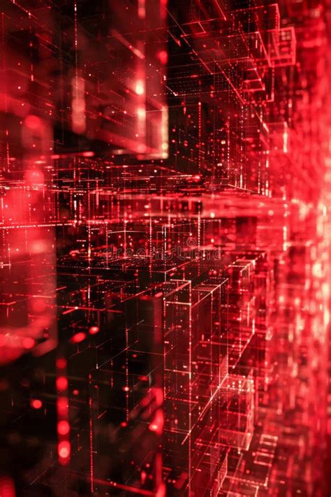 Abstract Red Digital World Concept Background With Glowing Neon Grid Lines And Cyber Data Space