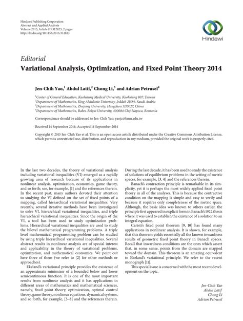 Pdf Variational Analysis Optimization And Fixed Point Theory 2014