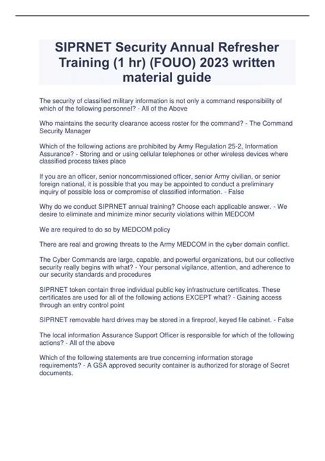 Siprnet Security Annual Refresher Training 1 Hr Fouo 2023 Written