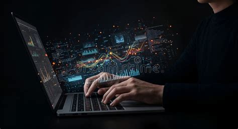 Data Analyst Working On Laptop With Digital Charts And Graphs Growth Trends Future Global