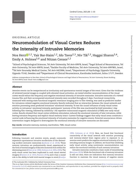 Pdf Neuromodulation Of Visual Cortex Reduces The Intensity Of Intrusive Memories