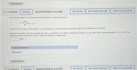Solved The Terminal Speed Of A Spherical Particle Falling In Chegg