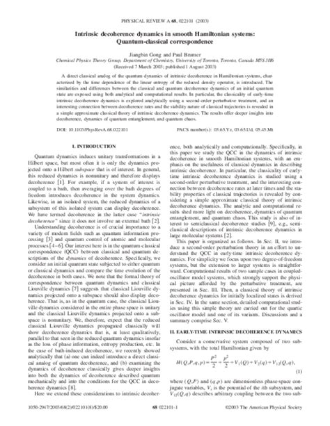 Pdf Intrinsic Decoherence Dynamics In Smooth Hamiltonian Systems Quantum Classical Correspondence