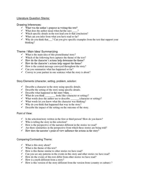 Common Core Reading Question Stems 2 Pdf Narration Cognition