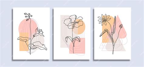 꽃과 미니멀리스트 추상 벽 예술 세트 프리미엄 벡터
