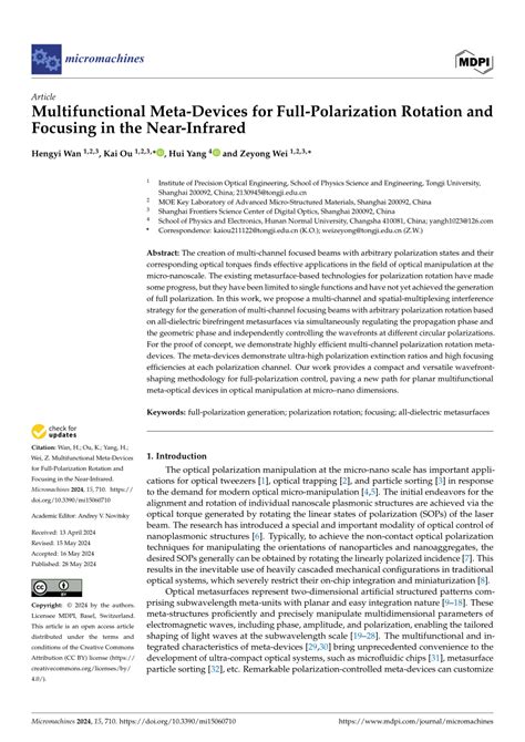 Pdf Multifunctional Meta Devices For Full Polarization Rotation And Focusing In The Near Infrared