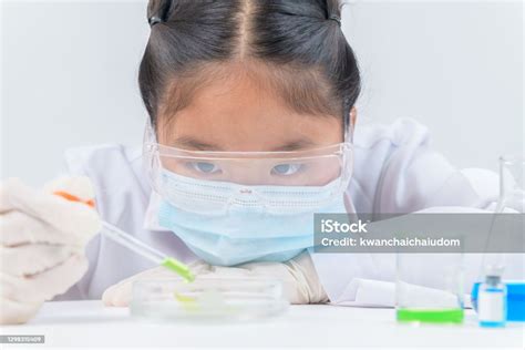 화학 실험실에서 실험을 하고 드롭퍼를 사용하는 안전 안경을 착용한 귀여운 어린 소녀 Stem 주제에 대한 스톡 사진 및 기타