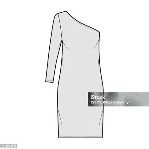 드레스 원 숄더 테크니컬 패션 일러스트와 긴 소매 오버사이즈 바디 무릎 길이 펜슬 스커트 의류 0명에 대한 스톡 벡터 아트 및