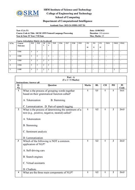 nlp ct1 siva sankar set d srm institute of science and technology college of engineering and