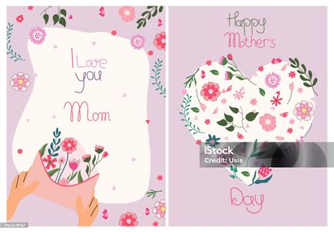 야생화의 심장과 봉투 안의 꽃다발 어머니의 날 인사말 카드 배너 포스터 카드에 적합한 밝은 구성 벡터 그래픽 가리기에 대한 스톡