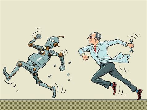 Premium Vector The Robot Runs Away From The Scientist Man Artificial