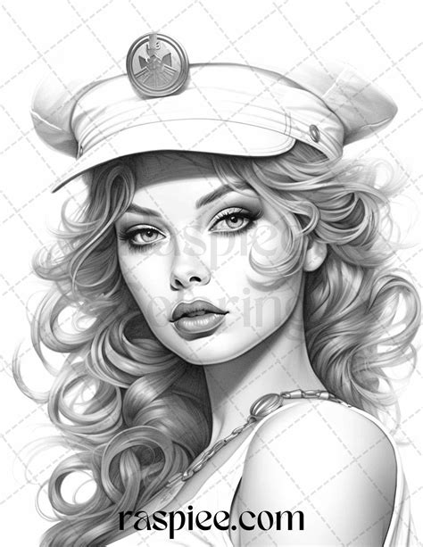 40 Sailor Pin Up Girls Grayscale Coloring Pages Printable For Adults