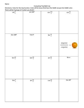 Evaluating Trig Functions Match Activity By Mrs Owen TPT