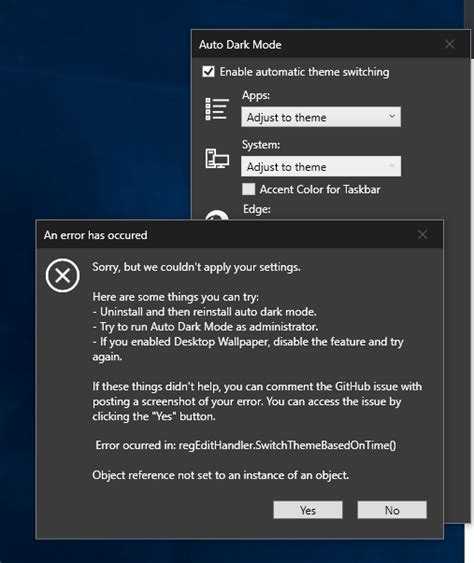 Error Occurs While Applying Settings Issue AutoDarkMode Windows Auto Night Mode GitHub