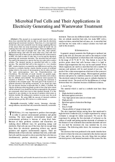 Pdf Microbial Fuel Cells And Their Applications In Electricity