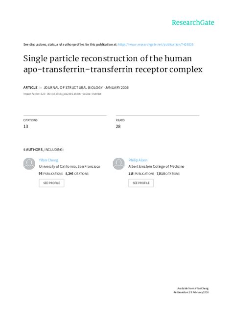 Pdf Single Particle Reconstruction Of The Human Apo Transferrin Transferrin Receptor Complex