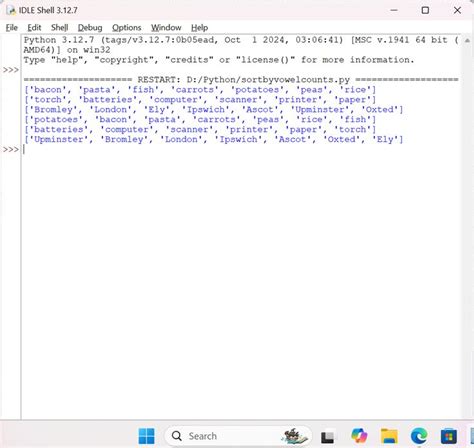 Screenshot Of Running Python Code Sort By Vowel Counts Taken On 13