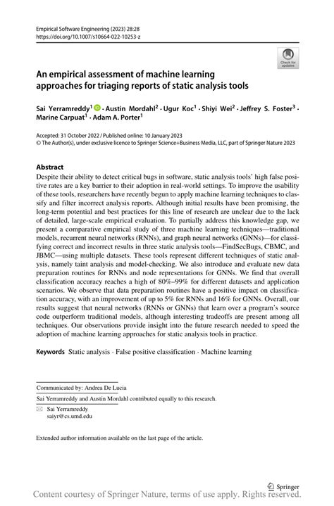 An Empirical Assessment Of Machine Learning Approaches For Triaging Reports Of Static Analysis