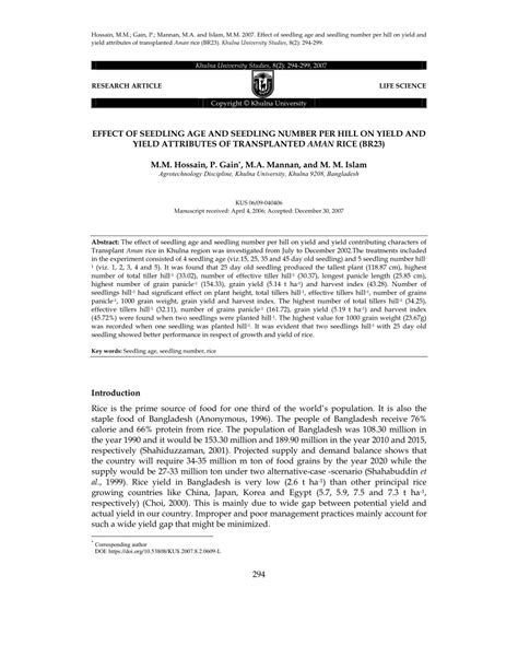 Pdf Effect Of Seedling Age And Seedling Number Per Hill On Yield And Yield Attributes Of