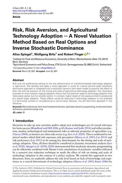 Pdf Risk Risk Aversion And Agricultural Technology Adoption A