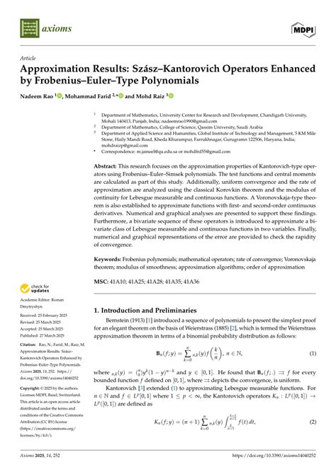 Pdf Approximation Results Szász Kantorovich Operators Enhanced By Frobenius Euler Type