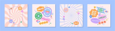 90년대 스타일의 패치와 스티커가 있는 벡터 소셜 미디어 템플릿 강렬하고 밝은 색상에 대한 스톡 벡터 아트 및 기타 이미지 강렬하고 밝은 색상 개념 고객 참여