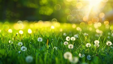 Green Grass And Sun Field Of Dandelions Abstract Bokeh Background