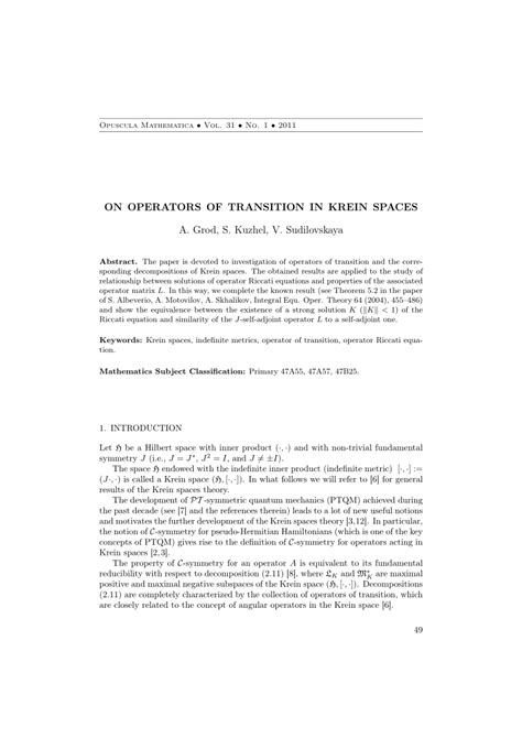 Pdf On Operators Of Transition In Krein Spaces