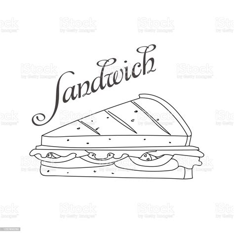 패스트 푸드 신선한 흰 빵 샌드위치 토마토 치즈 고기 샐러드 길거리 음식의 손 스케치 메뉴 및 포장 설계를 위한 벡터 일러스트레이션입니다 고기에 대한 스톡 벡터 아트 및