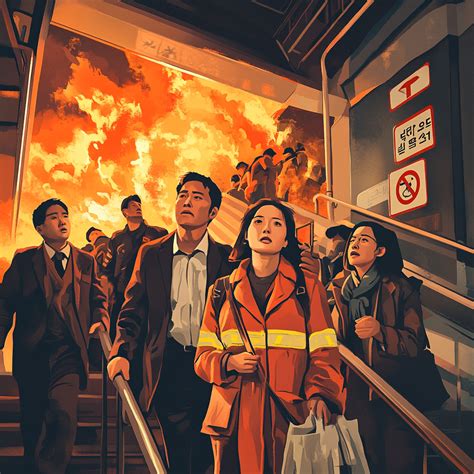 화재 상황에서 비상구로 대피하는 한국인 남성과 여성 긴급 상황에 맞는 복장 불안한 표정 연기가 자욱한 배경 대피 경로를 찾는 모습 구조대원과의 소통 장면 긴박한