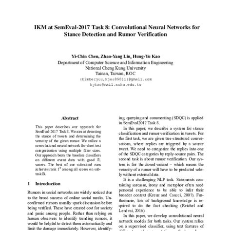 Ikm At Semeval 2017 Task 8 Convolutional Neural Networks For Stance Detection And Rumor