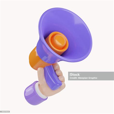 확성기 3d를 들고 있는 만화 손은 하얀 고립된 배경에 렌더링된다 디지털 마케팅 개념입니다 개념에 대한 스톡 사진 및 기타