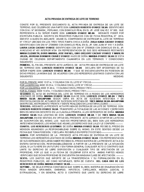 Acta De Entrega De Lote De Terreno Pdf Propiedad Intestacy