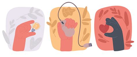 브레인스토밍 개념의 만화 그림입니다 혁신적인 아이디어 솔루션 및 계약을 제안하거나 공유하는 다양한 사람들의 은유입니다 손으로 전구 마우스 심장을 잡습니다 개념에 대한 스톡