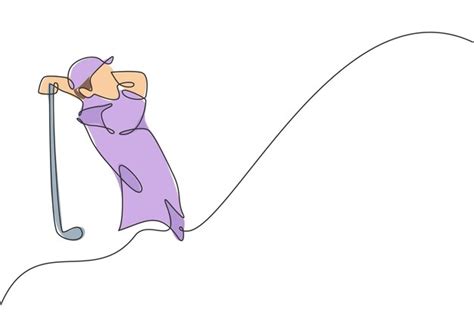 젊은 스포티한 골프 선수가 골프 클럽 벡터 일러스트레이션을 사용하여 공을 치는 단일 선 그림 프리미엄 벡터