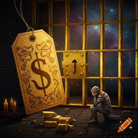 A Man In A Prison Cell Kneels Before A Large Dollar Sign Gold Bars