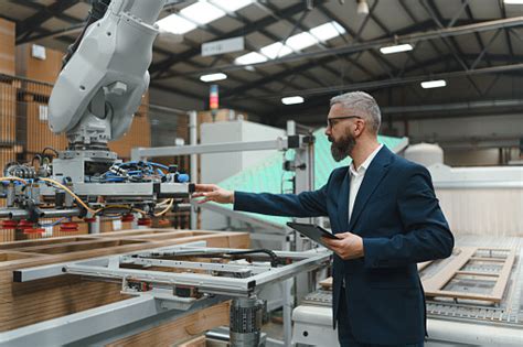 현대 산업 공장의 남성 엔지니어 로봇 팔 점검 공정 제어 및 제조 장비 및 기계 로봇 공학 및 자동화 기능을 갖춘 제조 시설