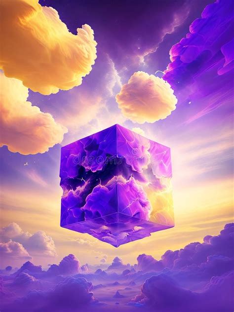 Dreamy Abstract Space With Floating Cube Stock Illustration