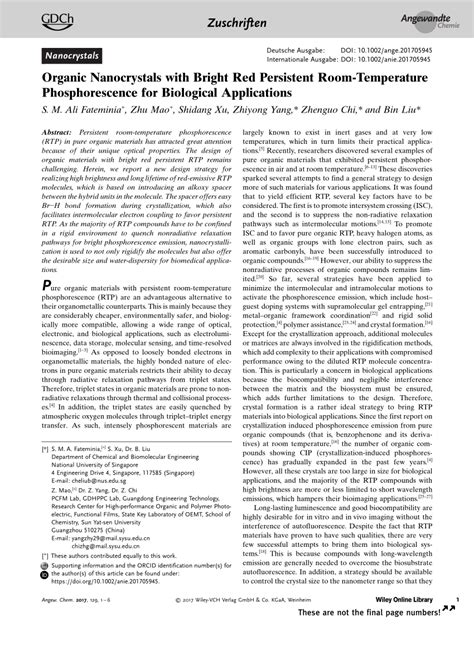 Pdf Organic Nanocrystals With Bright Red Persistent Room Temperature Phosphorescence For
