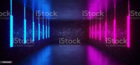 Sci Fi 현대 미래 복고풍 클럽 댄스 배경 터널 복도 빈 네온 빛나는 보라색 파란색 조명에 그런 지 반사 콘크리트와 벽돌 벽 배경 3d 렌더링 벽에 대한 스톡 사진 및