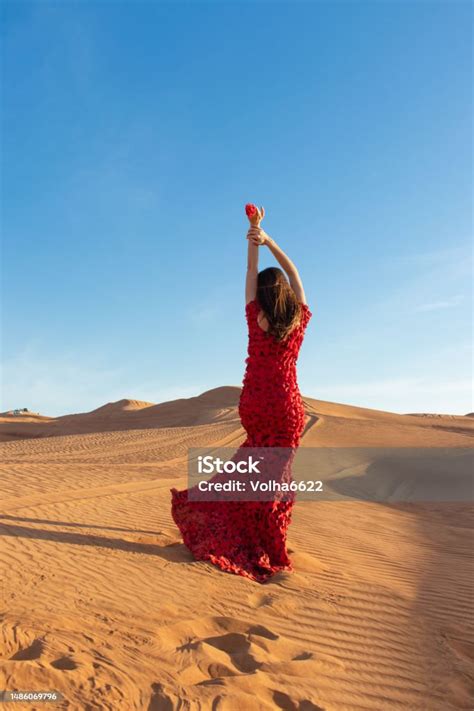 사막 사이에 빨간 장미 꽃잎이 달린 긴 빨간 드레스를 입은 젊은 아름 다운 여자 사막 장미 개념 30 34세에 대한 스톡 사진 및 기타 이미지 Istock