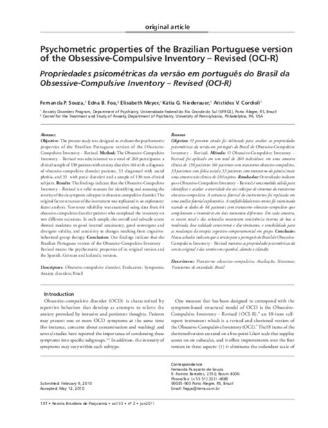 Pdf Psychometric Properties Of The Brazilian Portuguese Version Of The Obsessive Compulsive