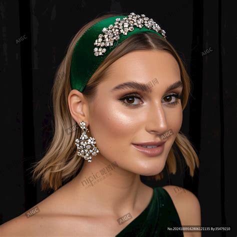 Ai创作图镶宝石金头饰 镶宝石头饰 高端高级华贵欧美全套 德国祖母绿冠冕 祖母绿配金色 成年女子头饰 眉间镶嵌宝石 戴头饰女子头像 时尚欧式高级经典造型 意大利金头带 钻石发箍头箍高清